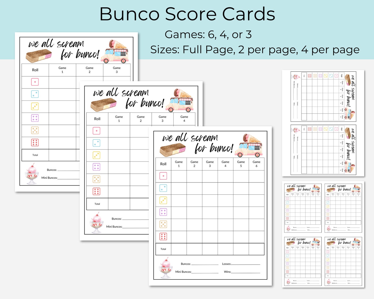 Ice Cream BUNCO Printable Bundle - Score Cards - Tally Sheets - Table ...