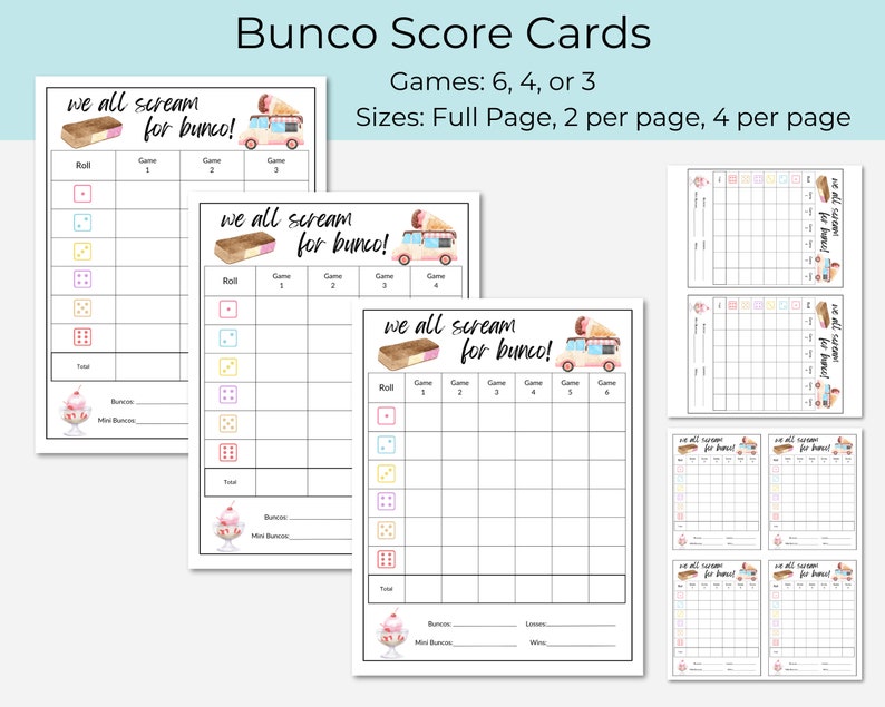 Ice Cream BUNCO Printable Bundle - Score Cards - Tally Sheets - Table ...
