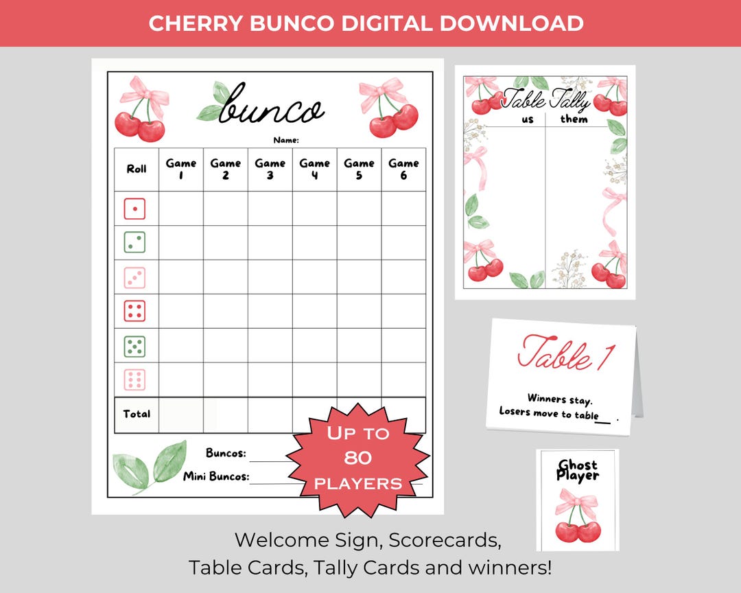 Cherry BUNCO Printable Bundle - Score Cards - Tally and Table Cards ...