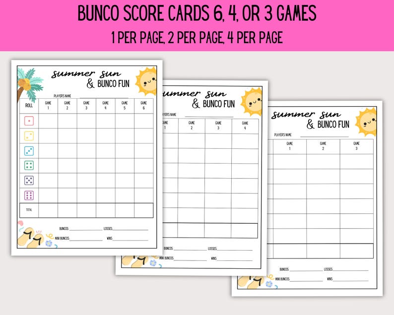 Summer Sun and Bunco Fun BUNCO Printable Bundle - Score Cards - Tally ...