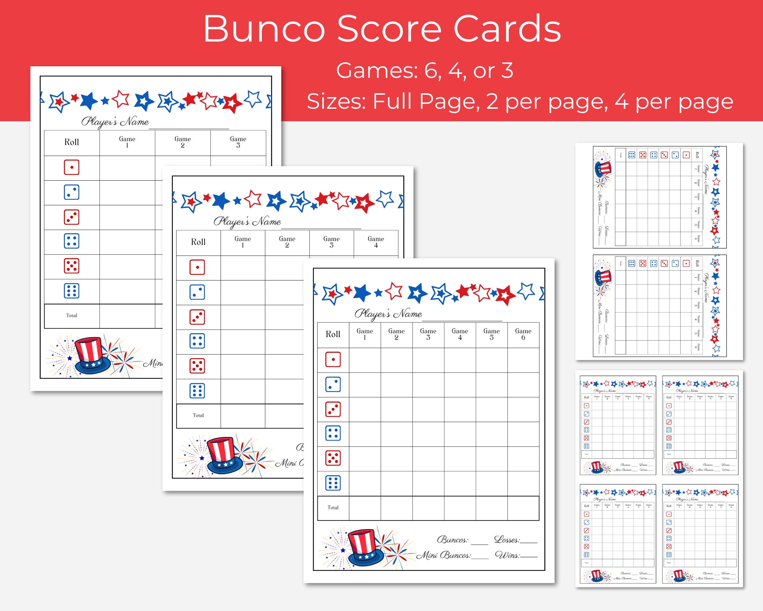 Patriotic BUNCO Printable Bundle - Score Cards - Tally and Table Cards ...