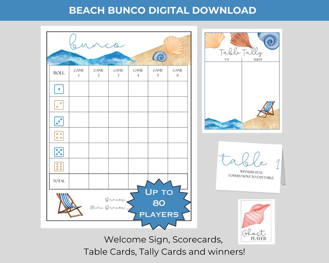 Beach BUNCO Printable Bundle - Score Cards - Tally and Table Cards ...