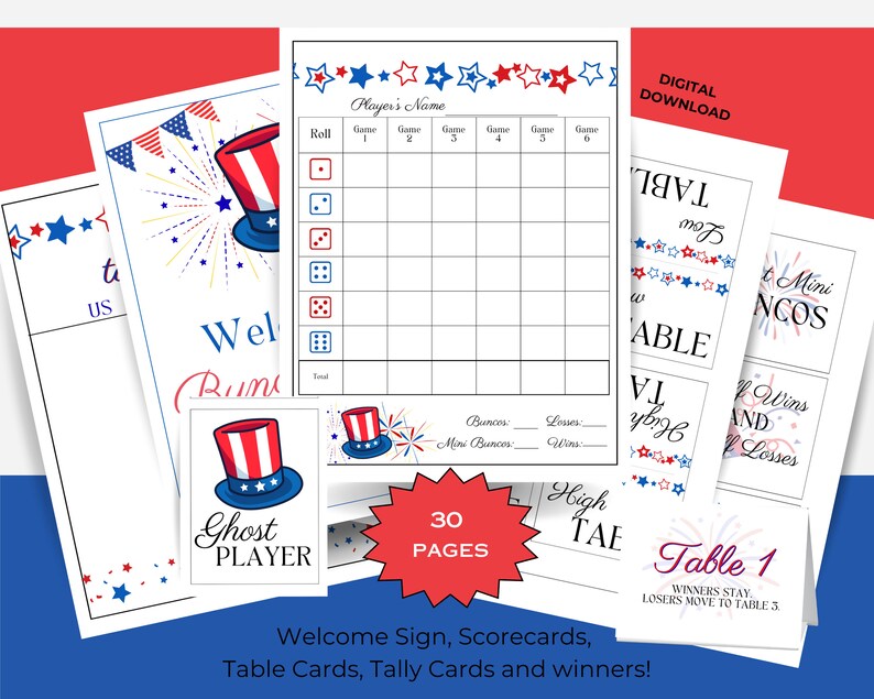 Patriotic BUNCO Printable Bundle - Score Cards - Tally and Table Cards ...