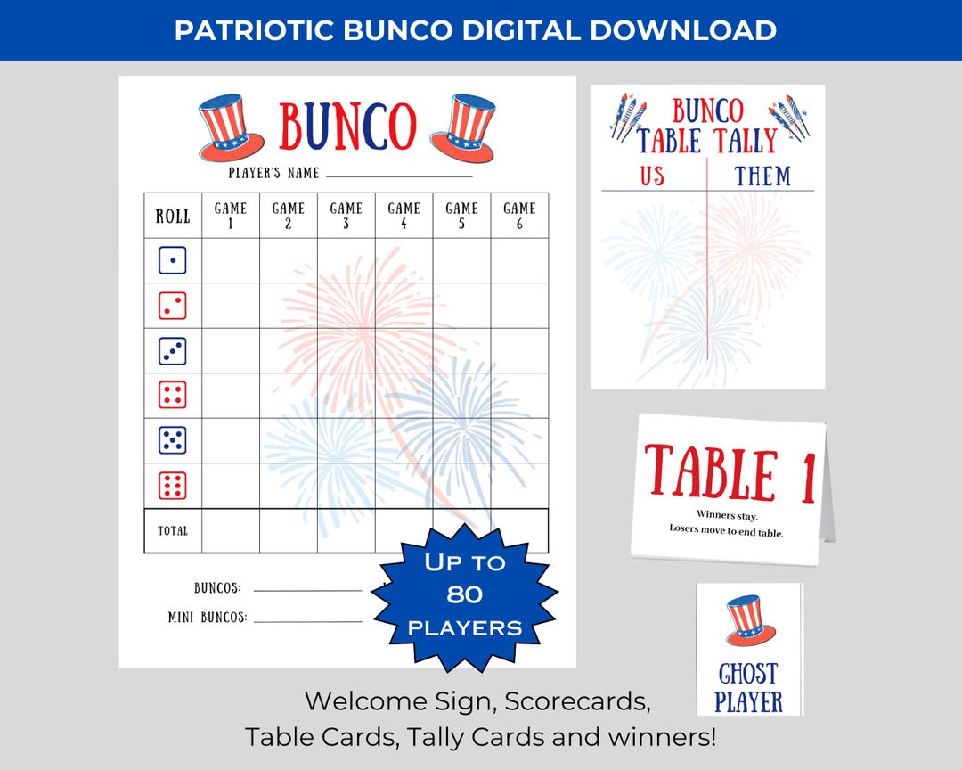 Patriotic BUNCO Printable Bundle - Score Cards - Tally and Table Cards ...