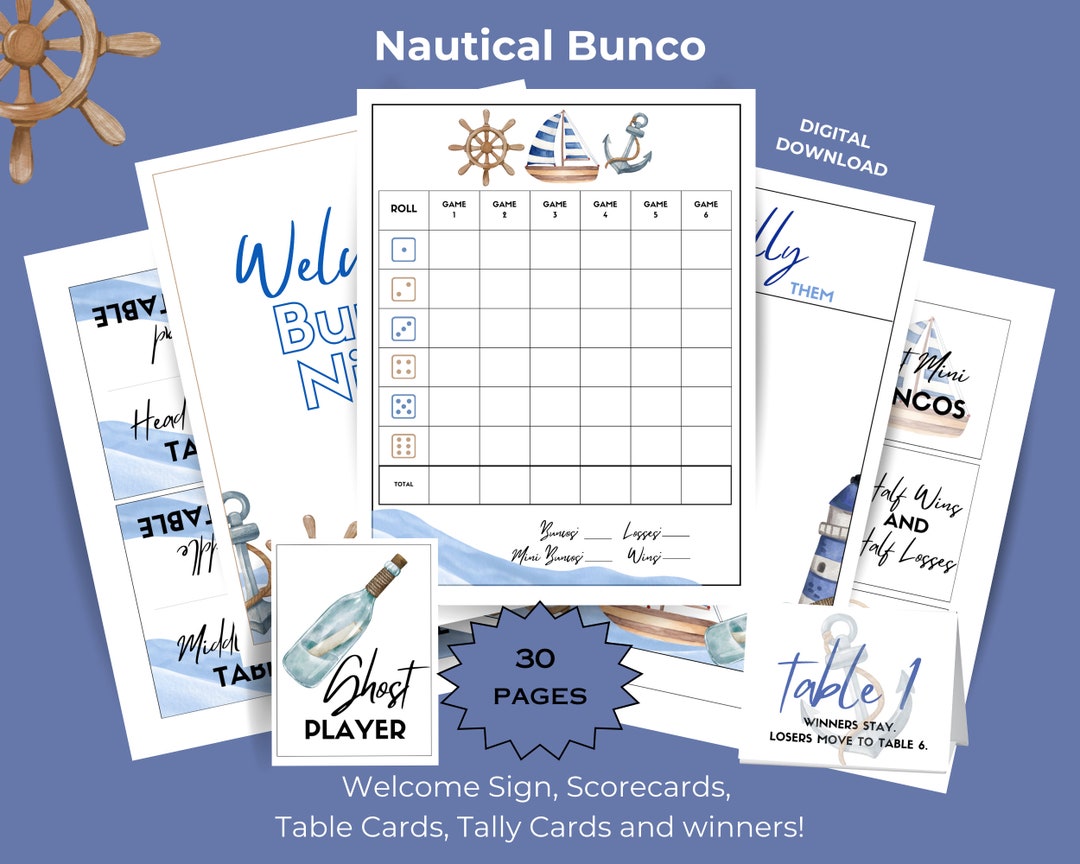 Nautical BUNCO Printable Bundle Score Cards Tally and Table Cards Prize ...