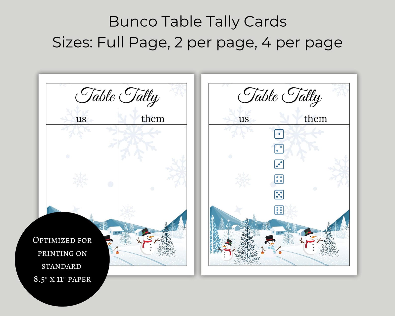 Winter Snowman BUNCO Printable Bundle - Score Cards - Tally and Table ...