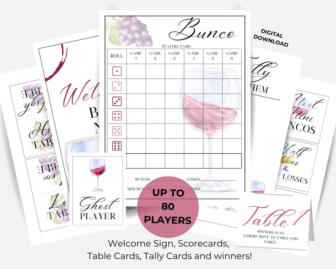 Wine Night BUNCO Printable Bundle - Score Cards - Tally Sheets - Table ...