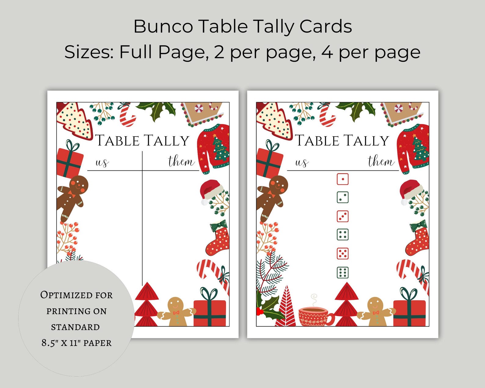 Christmas BUNCO Printable Bundle - Score Cards - Tally Sheets - Table ...