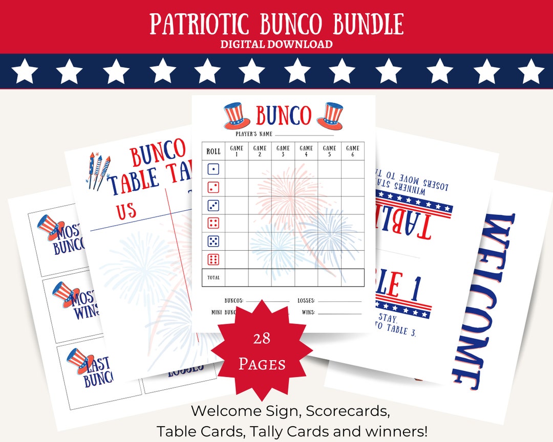 Patriotic BUNCO Printable Bundle Score Cards Tally and Table Cards ...