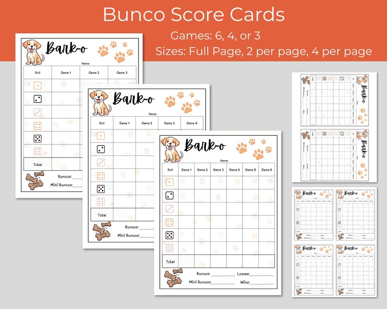Dog Themed BUNCO Printable Bundle - Score Cards - Tally and Table Cards ...