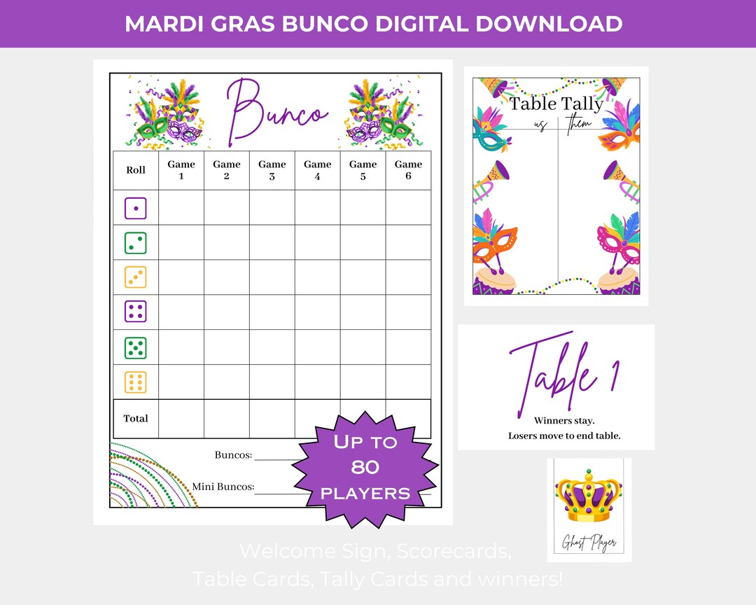 Mardi Gras BUNCO Printable Bundle - Score Cards - Tally Sheets - Table ...
