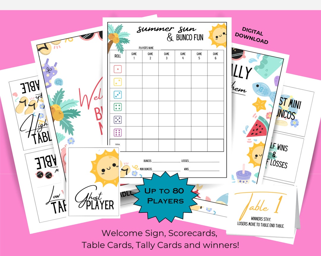 Summer Sun and Bunco Fun BUNCO Printable Bundle Score Cards Tally ...