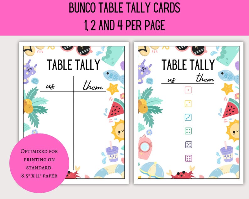 Summer Sun and Bunco Fun BUNCO Printable Bundle - Score Cards - Tally ...