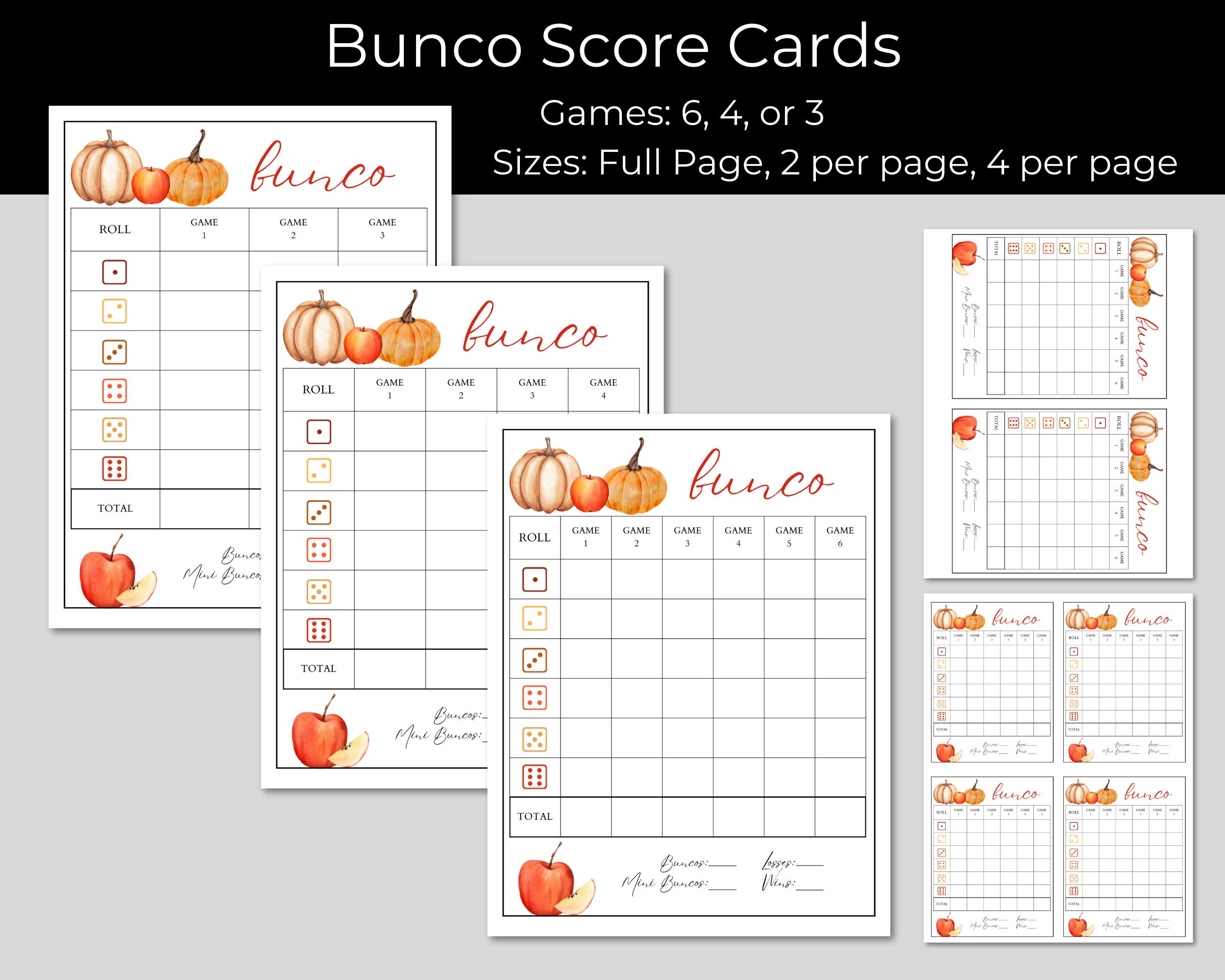 Fall BUNCO Printable Bundle Score Cards Tally Sheets Table Cards Prizes ...