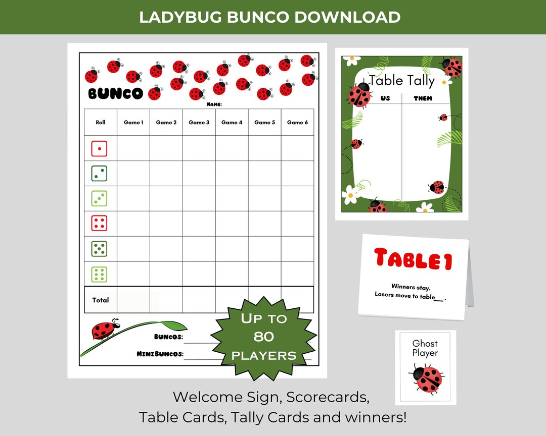 Lady Bug BUNCO Printable Bundle - Score Cards - Tally and Table Cards ...