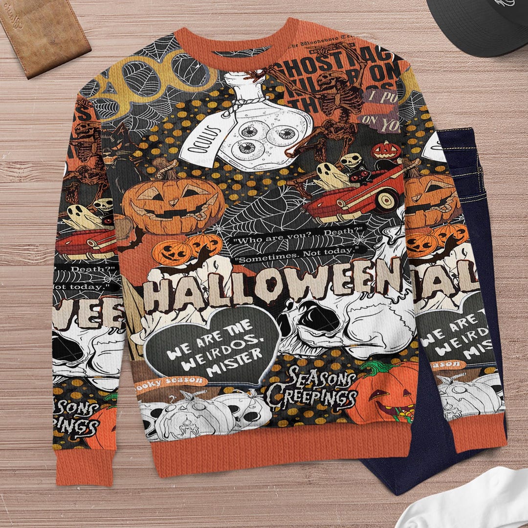 Vintage Spooky Season Pumpkin Ghost Skull Halloween Sweater, Retro Jack ...
