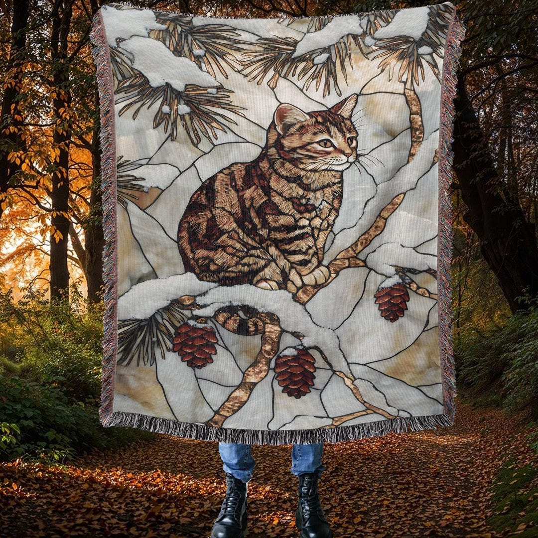 Vintage Cute Cat in the Pine Tree Christmas Woven Blanket, National Cat ...