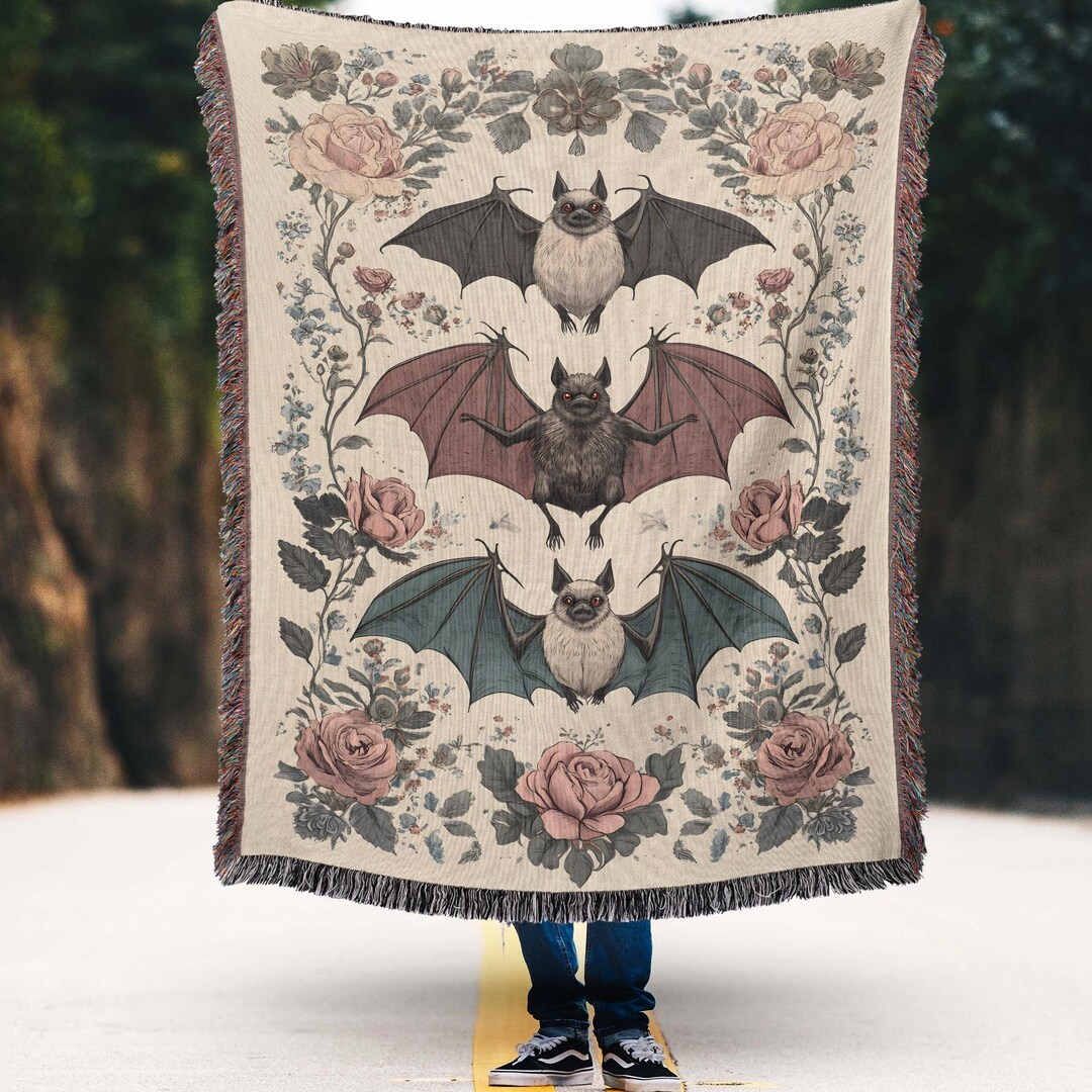 Vintage Floral Bats Art Christmas Woven Blanket, Cute Bat Halloween ...