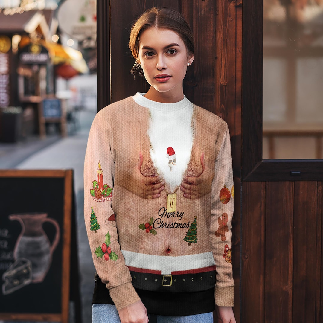 Vintage Funny Bare Chest Man With Hand Christmas Sweater, Retro Muscle ...