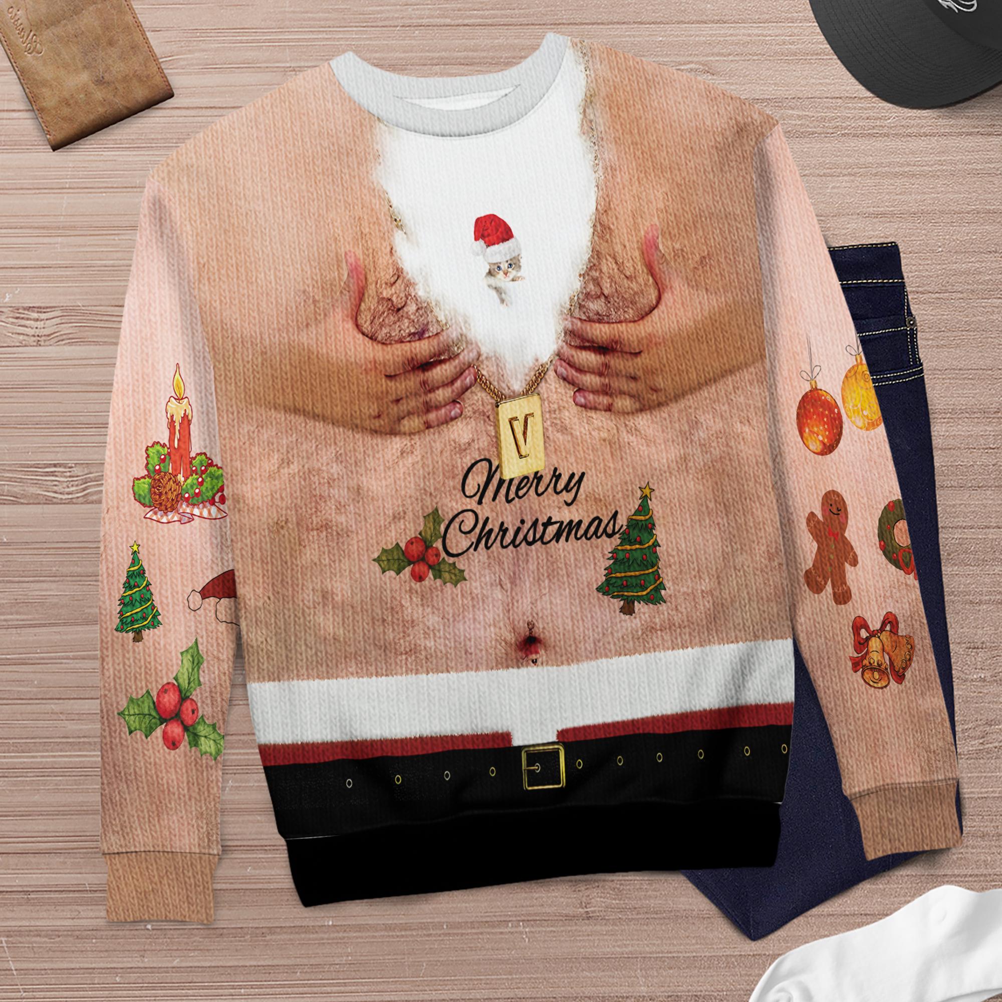 Vintage Funny Bare Chest Man With Hand Christmas Sweater, Retro Muscle ...