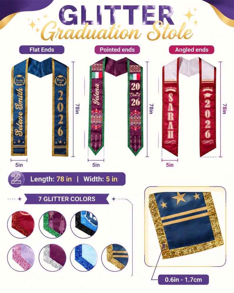 Personalized Glitter Graduation Stole 2026, Custom Name Senior Sash ...