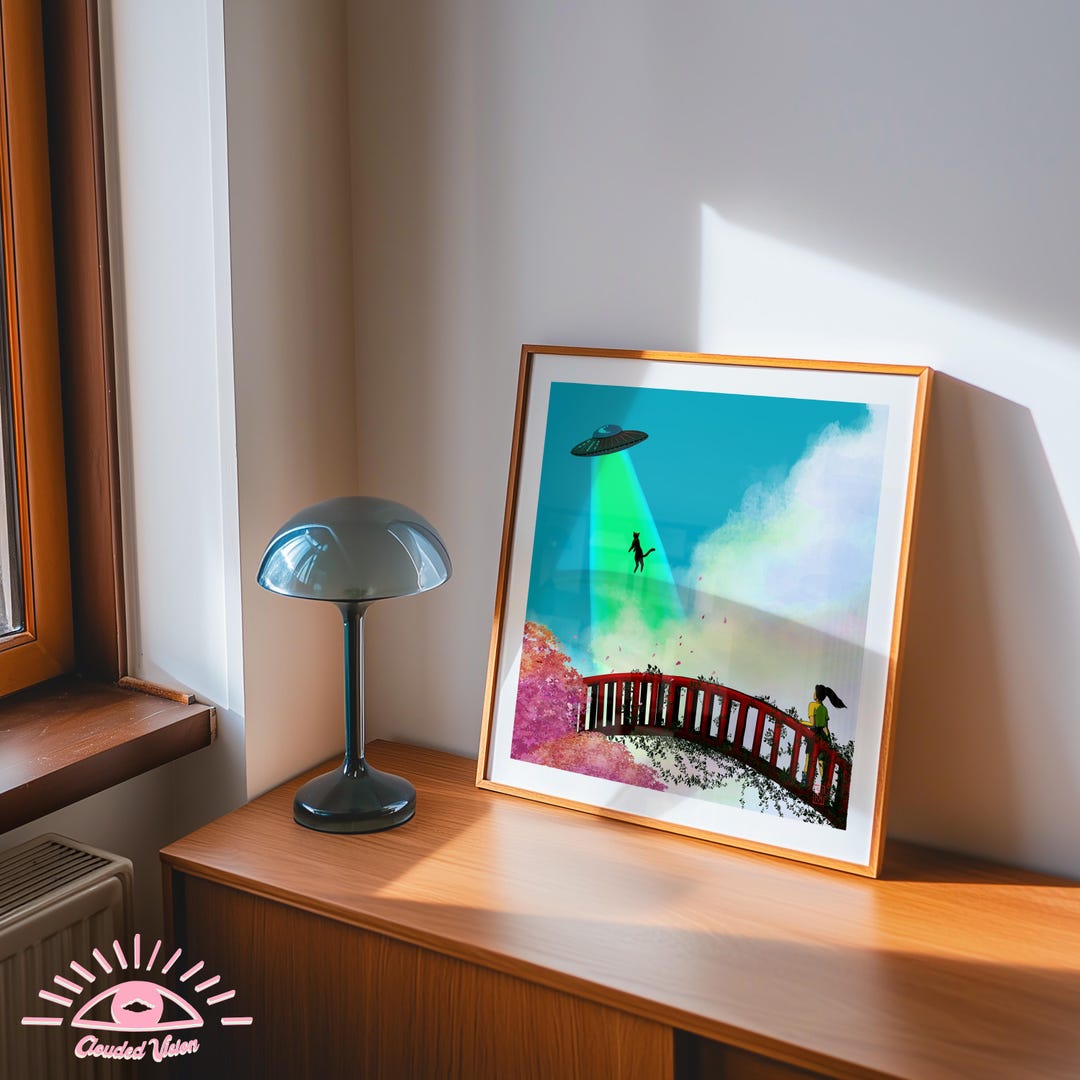 Cute Cat UFO Abduction Digital Art Print – Whimsical Sci-fi Wall Decor ...