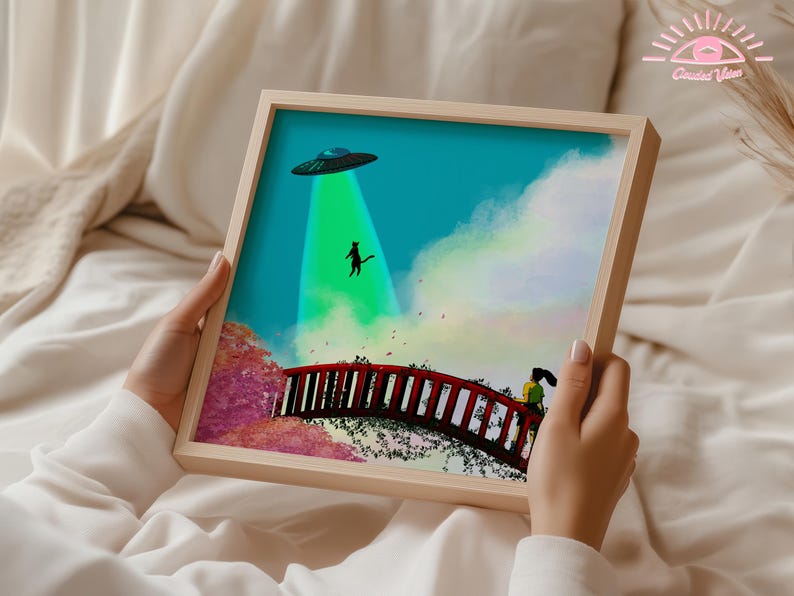 Cute Cat UFO Abduction Digital Art Print – Whimsical Sci-fi Wall Decor ...
