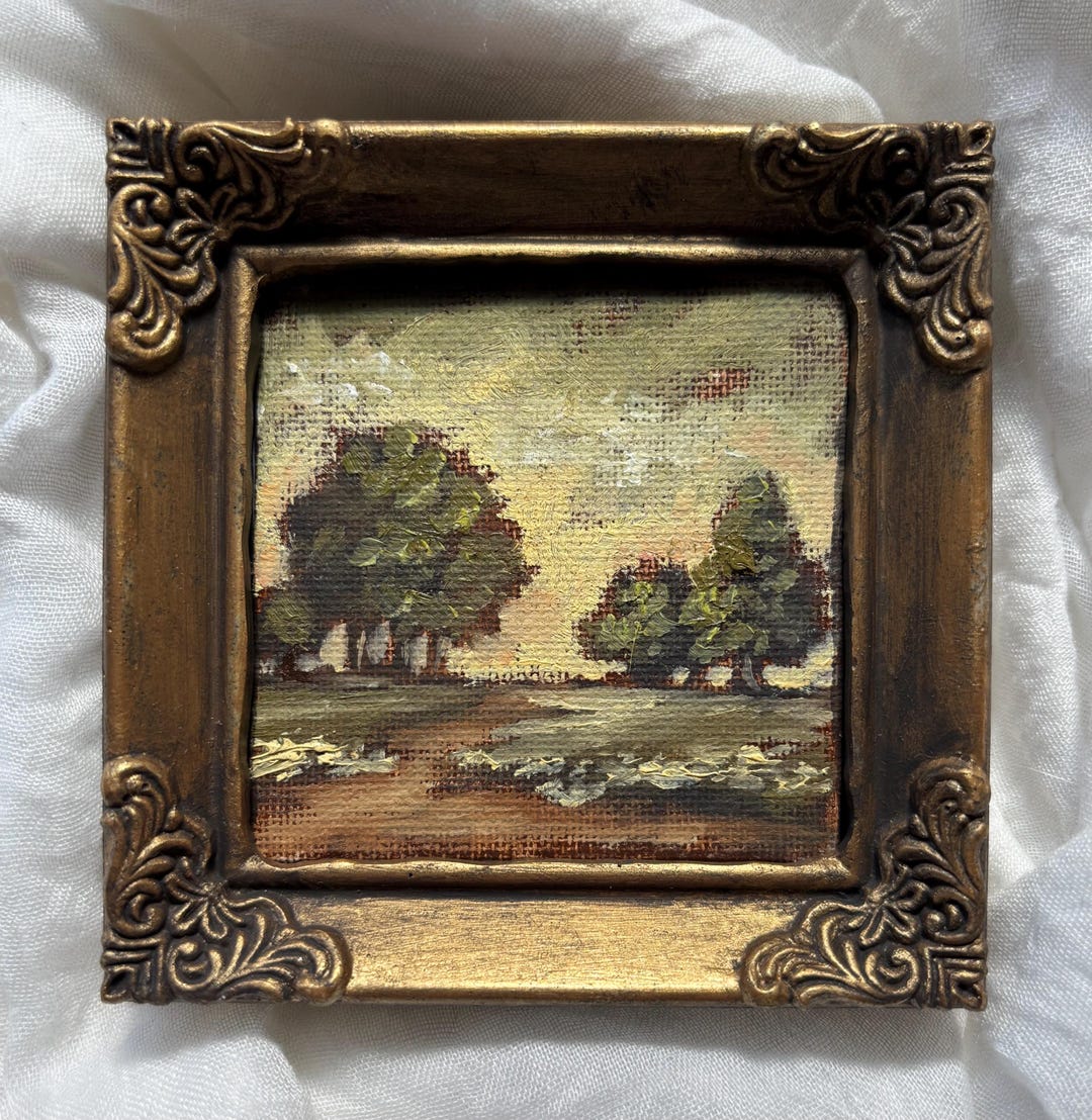 Original Oil Painting, Road in Field, Vintage Frame, Handmade Scenery ...