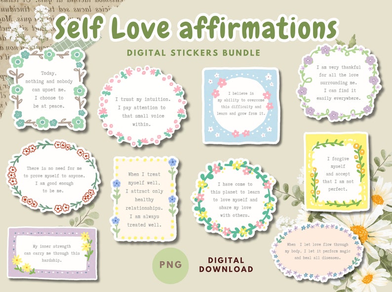 Self Love Affirmations PNG Printable Stickers, Digital Stickers, Cricut ...