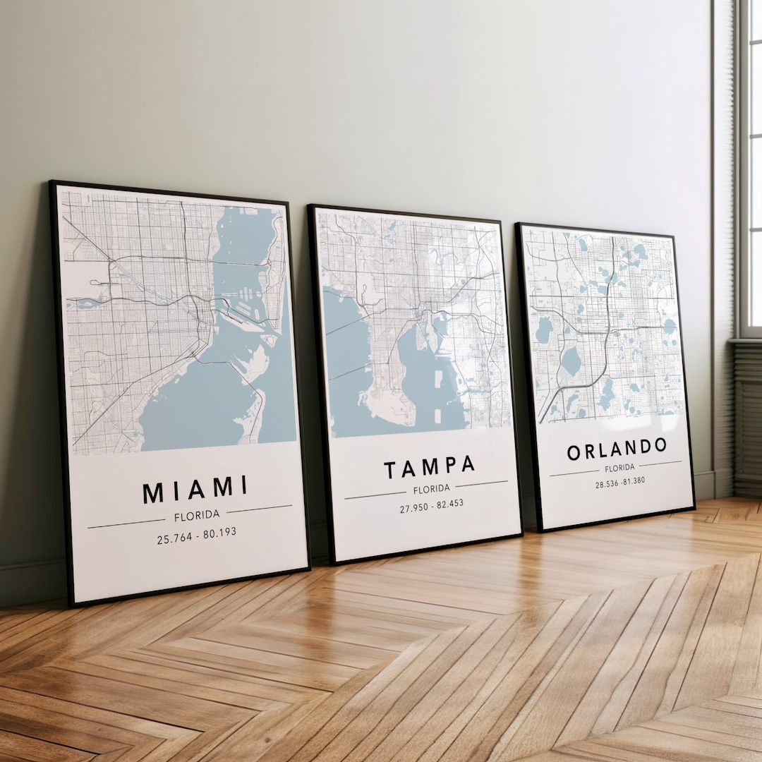 Set of 3 Florida City Maps | Miami Map | Tampa Map | Orlando Map ...