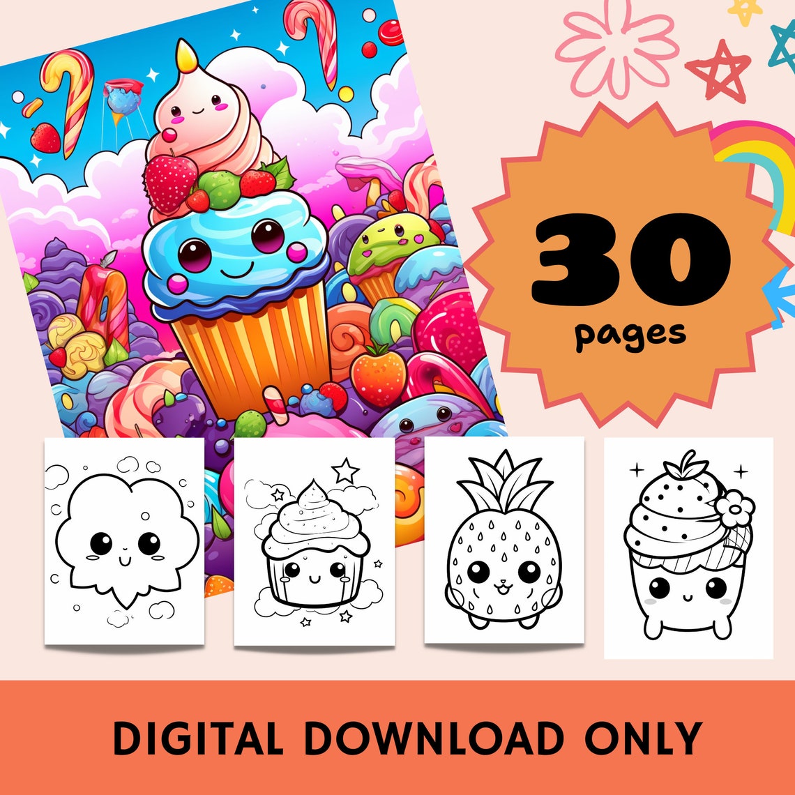 Cute Kawaii Coloring Pages for Kids Toddlers Preschoolers, 30 Pages ...