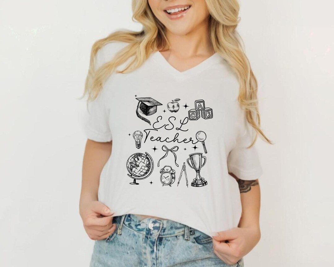 Gift for ESL Teacher, Minimal ESL Teacher V-neck Shirt, Subtle English ...