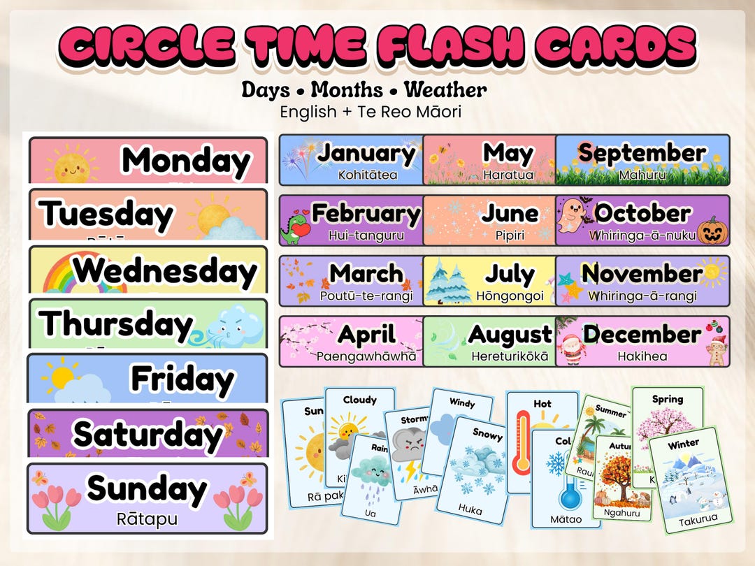 Circle Time Flash Cards | Days Months Weather | English + Te Reo Māori ...