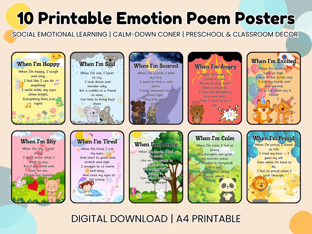 Emotion Poems Posters: SEL Classroom Decor for Kids (PDF & PNG Bundle ...