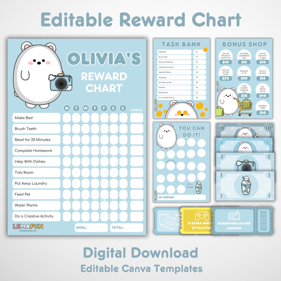 Editable Reward Chart Bundle for Kids - Digital Download With ...