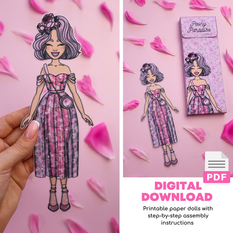 Printable Paper Dolls Dress Up Kit Floral Peony Outfits Paper Crafts
