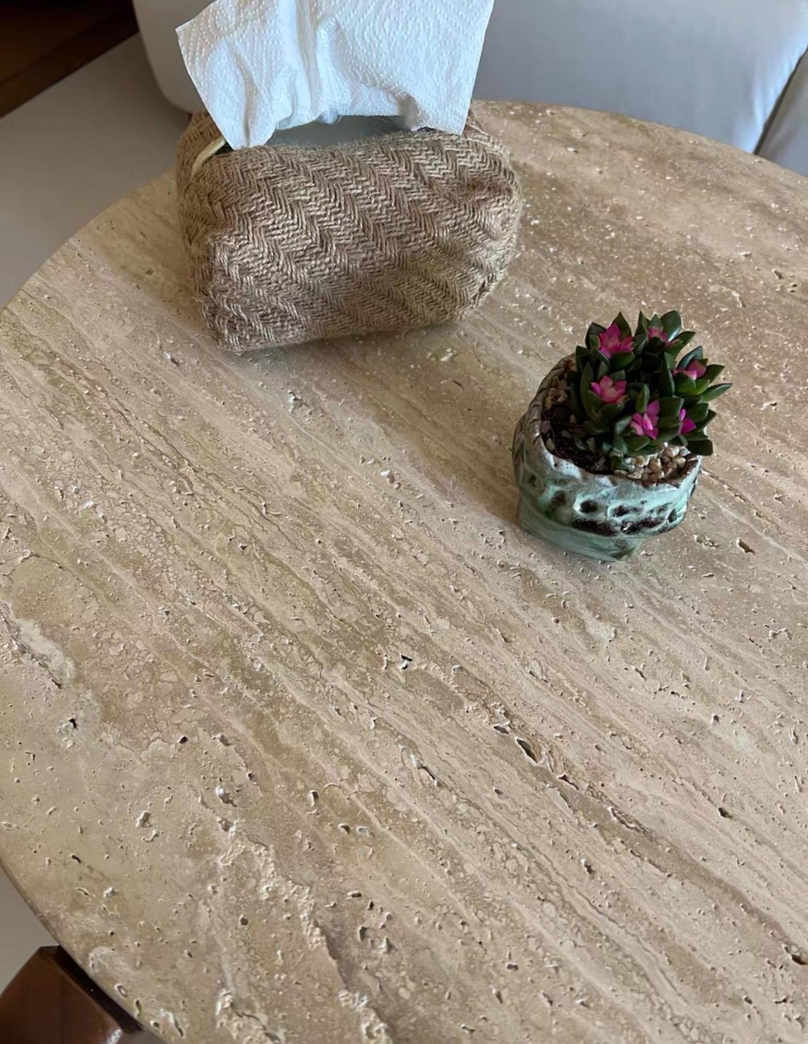 Designer Table With Travertine Top and Wooden Legs - Etsy