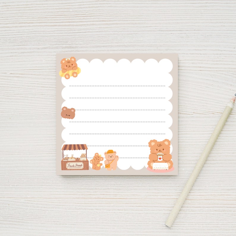 Kawaii Notepad, Unlined and Lined Paper, Cute Bear and Bread Memo Pad ...