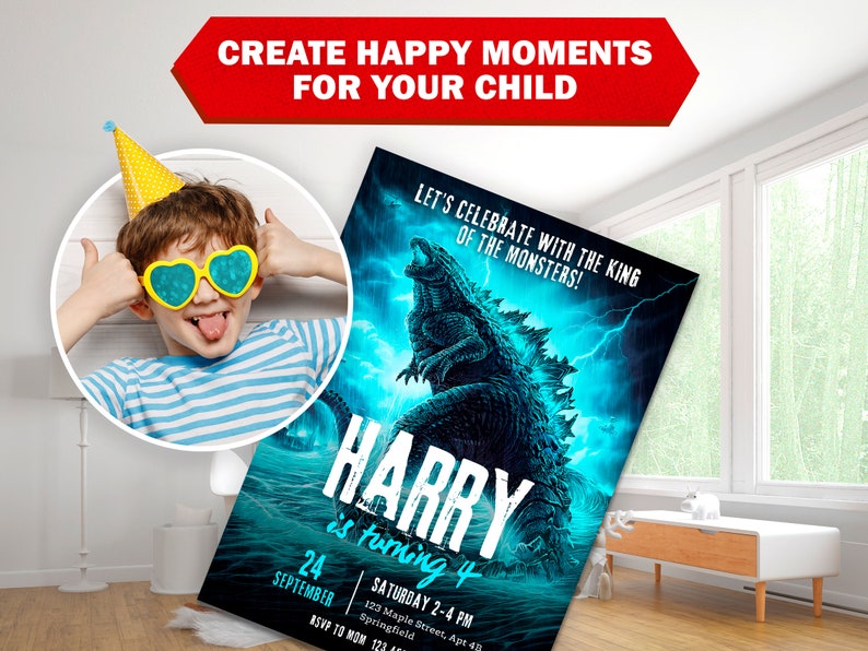Godzilla Invitation, Godzilla Boys Editable Birthday Invitation ...