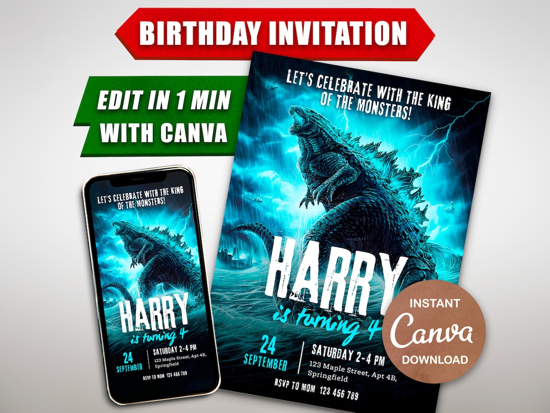 Godzilla Invitation, Godzilla Boys Editable Birthday Invitation ...