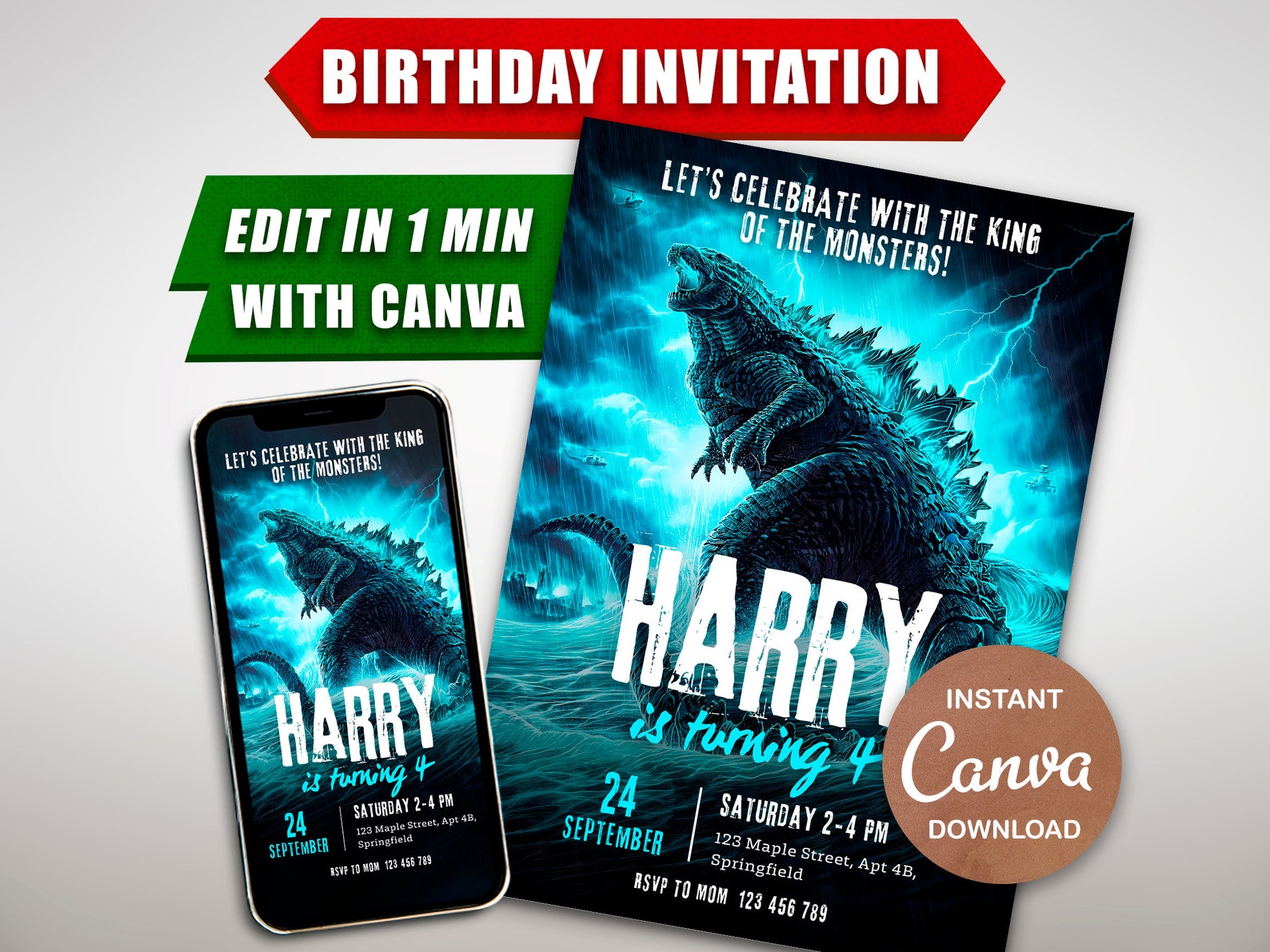 Godzilla Invitation, Godzilla Boys Editable Birthday Invitation ...