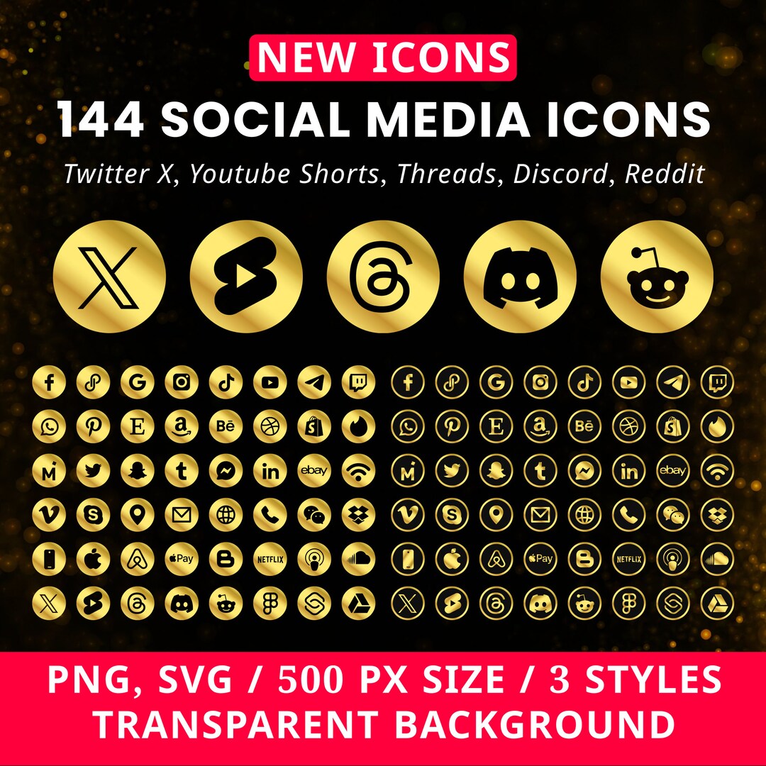 Icons Pack SVG PNG, Luxury Gold Social Media Icons, Threads, Youtube ...