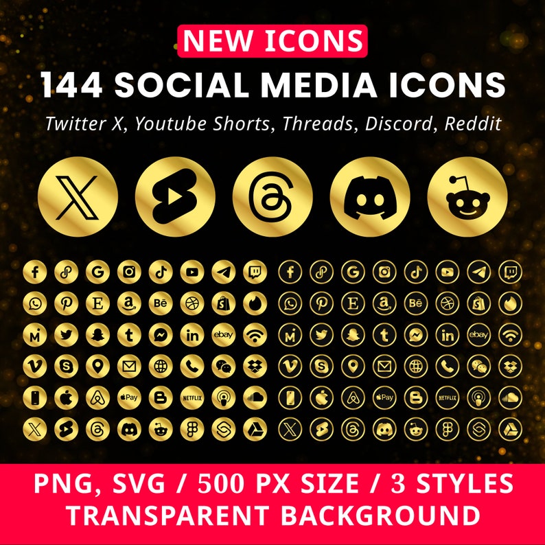 Icons Pack SVG PNG, Luxury Gold Social Media Icons, Threads, Youtube ...