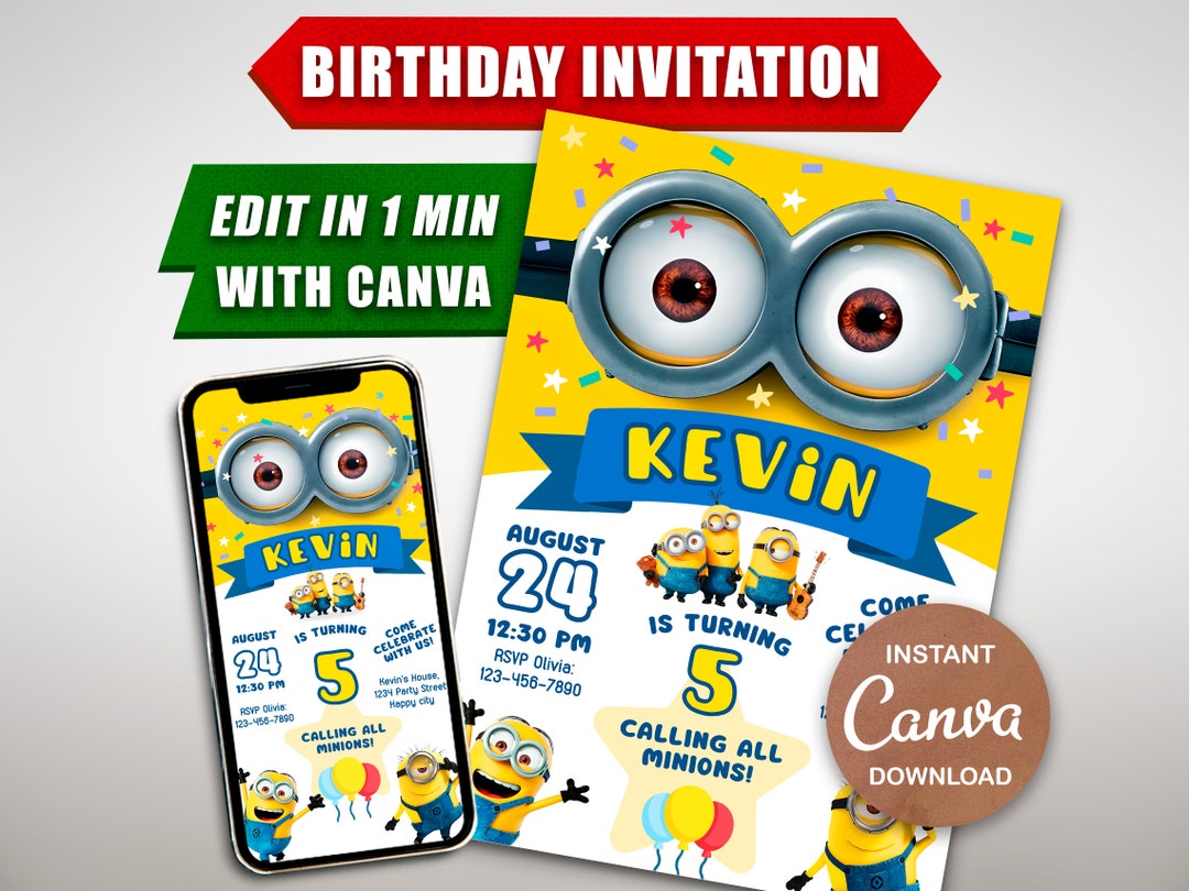 Minions Birthday Invitation, Editable Digital Yellow Birthday Party ...