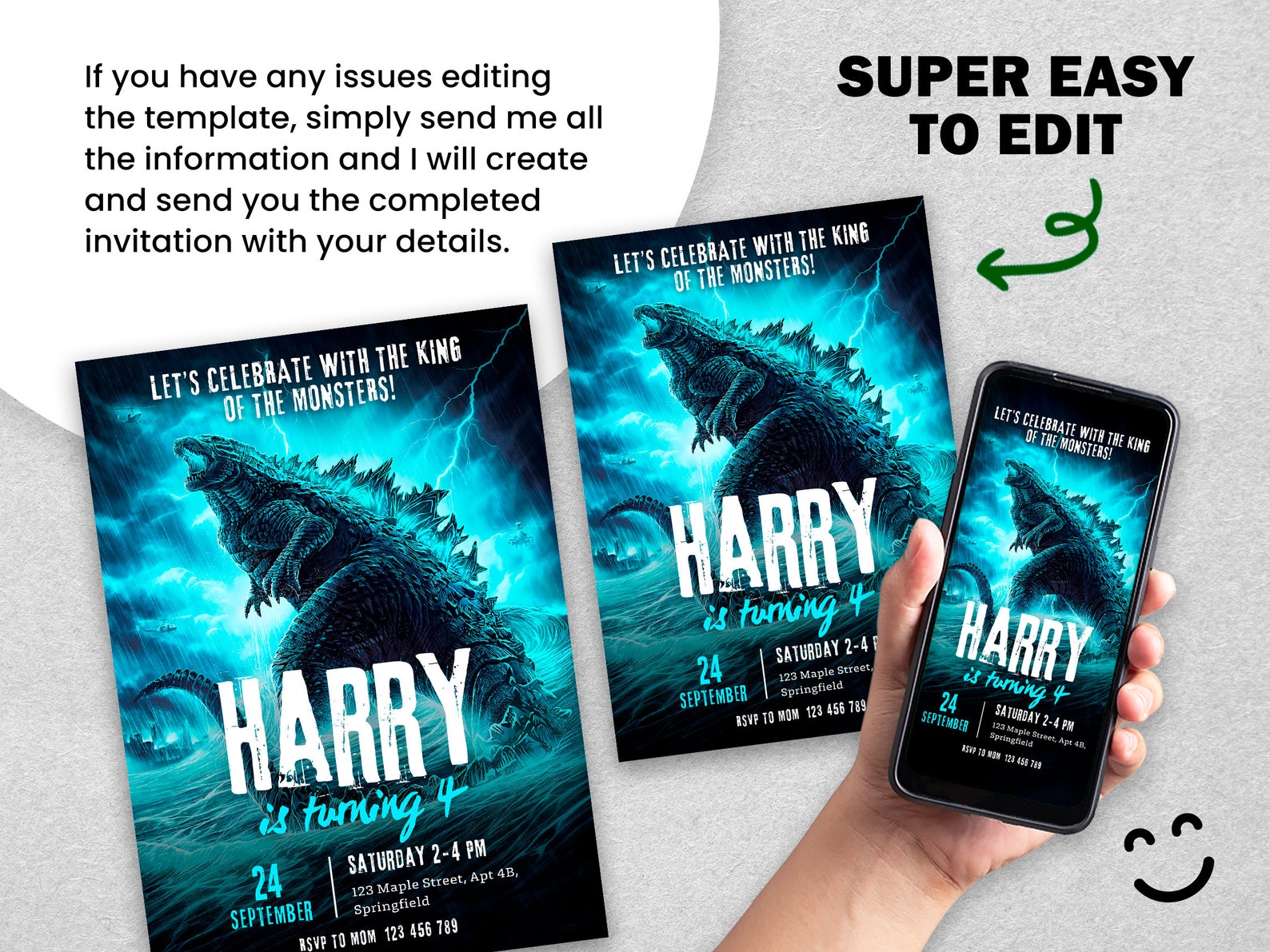 Godzilla Invitation, Godzilla Boys Editable Birthday Invitation ...