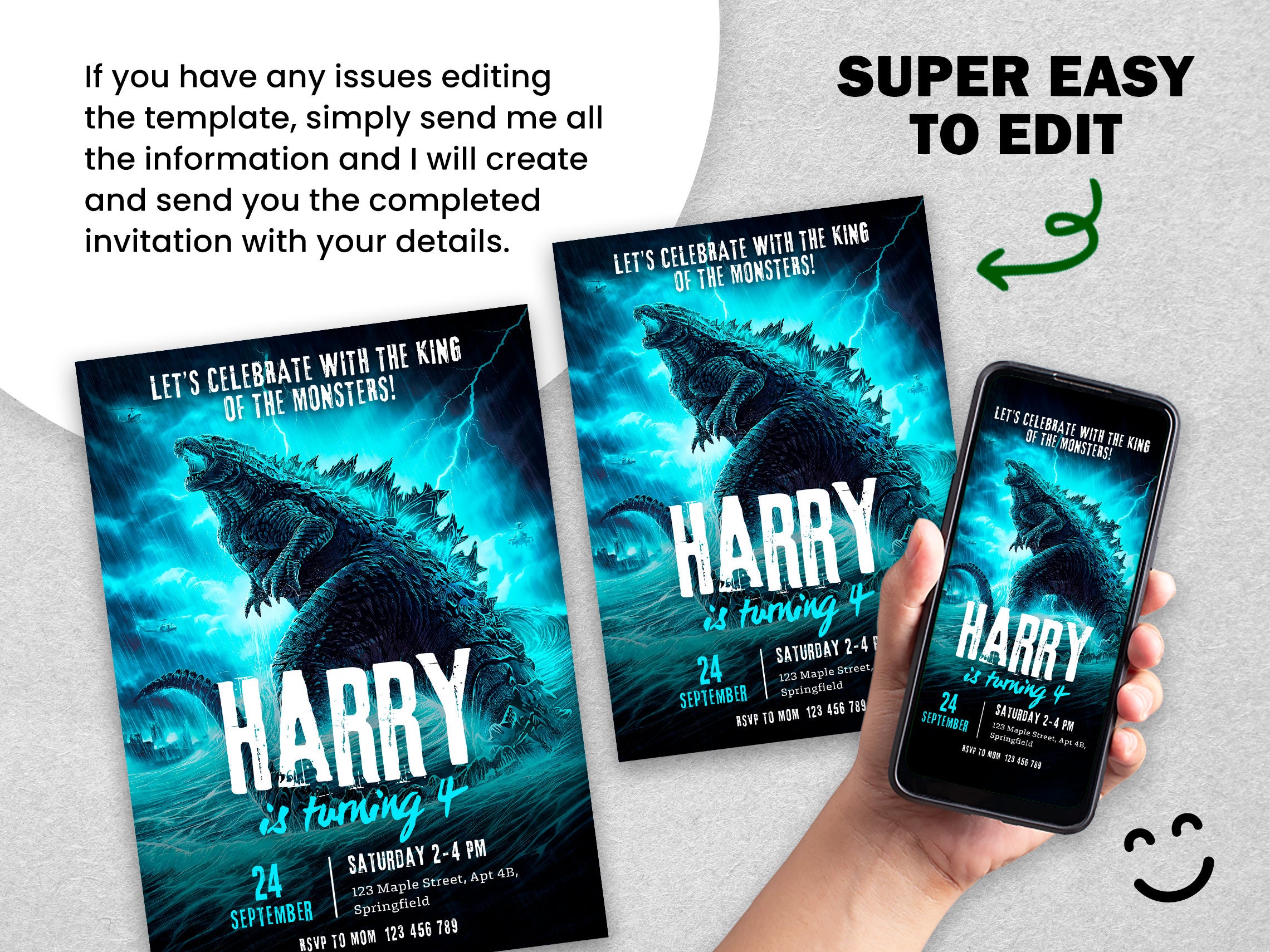 Godzilla Invitation, Godzilla Boys Editable Birthday Invitation ...