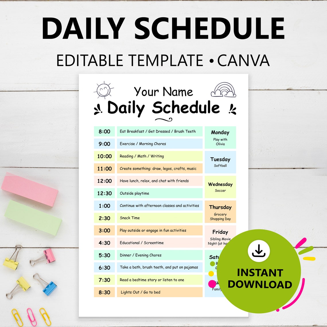 Daily Schedule, Kids Daily Routine, Daily Routine Template Editable ...