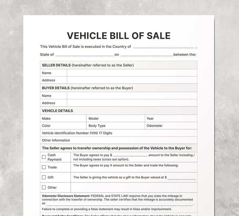 Motor Vehicle Bill of Sale - Car Truck Van Bill of Sale Instant Digital ...