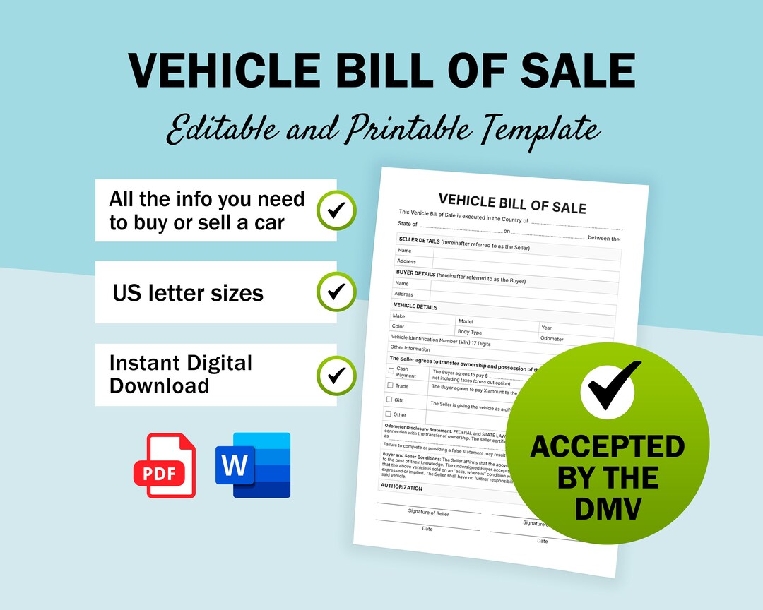 Motor Vehicle Bill of Sale - Car Truck Van Bill of Sale Instant Digital ...