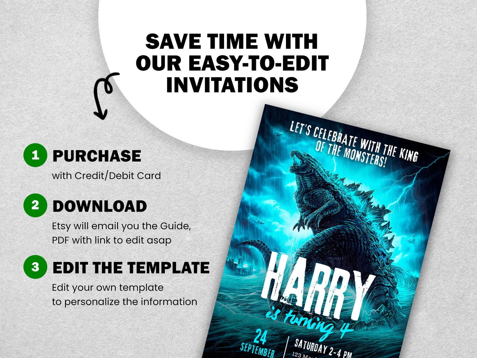 Godzilla Invitation, Godzilla Boys Editable Birthday Invitation ...